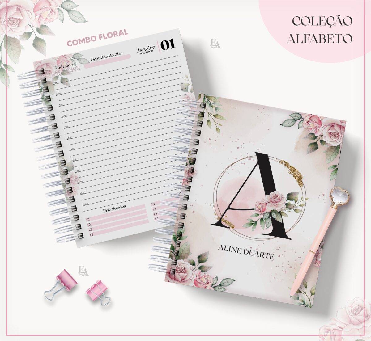 Arquivo Digital Agenda Floral Alfabeto Rosa – Ano 2025 – Ciane Artes